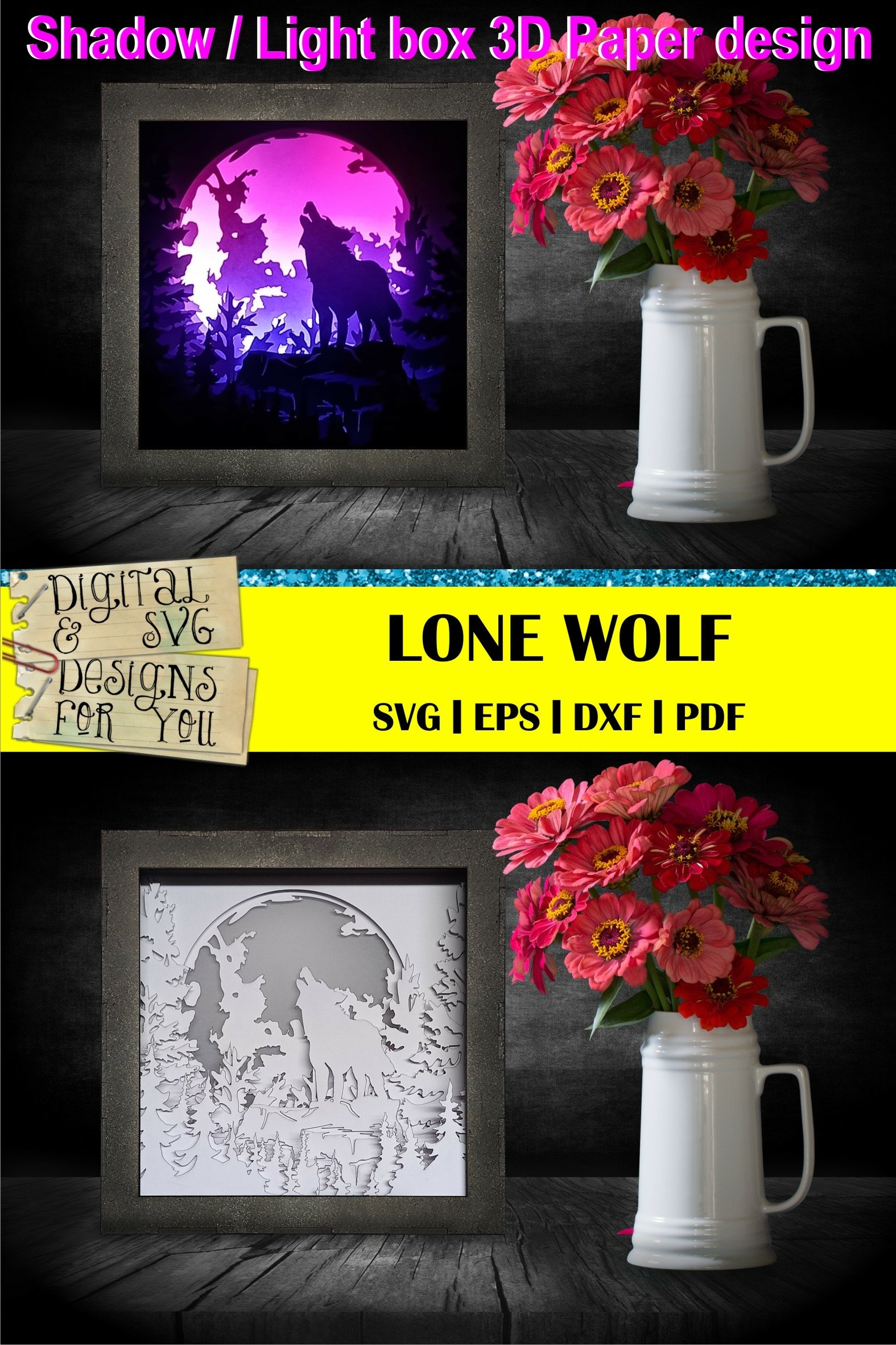 Lone wolf - 3D Light box | 3d Shadow box | howling wolf svg