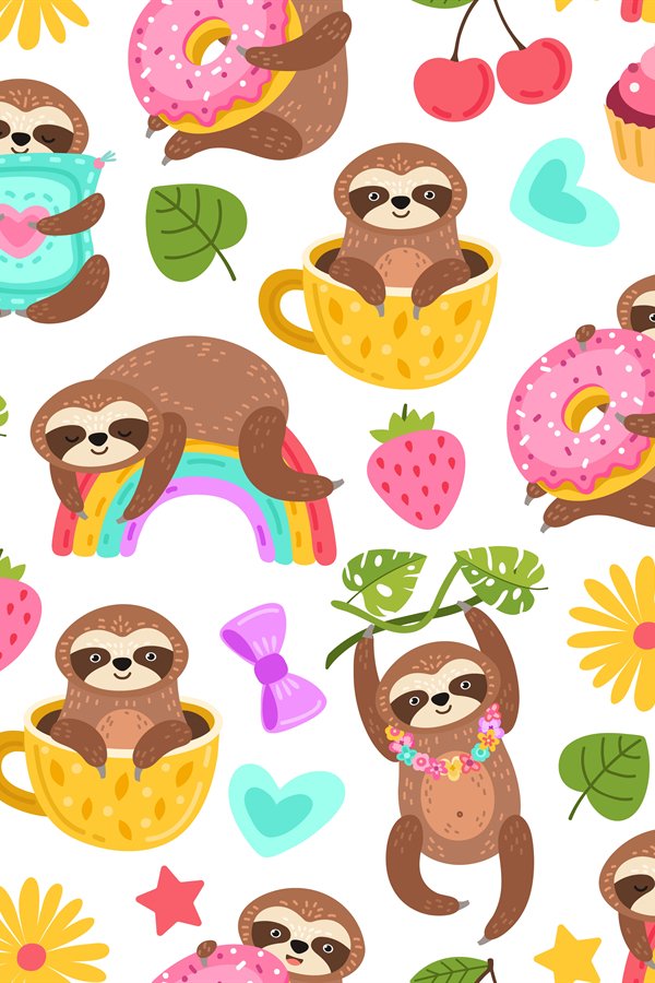 Sloth pattern. Sleep animal, cartoon sloths eat dancing or d