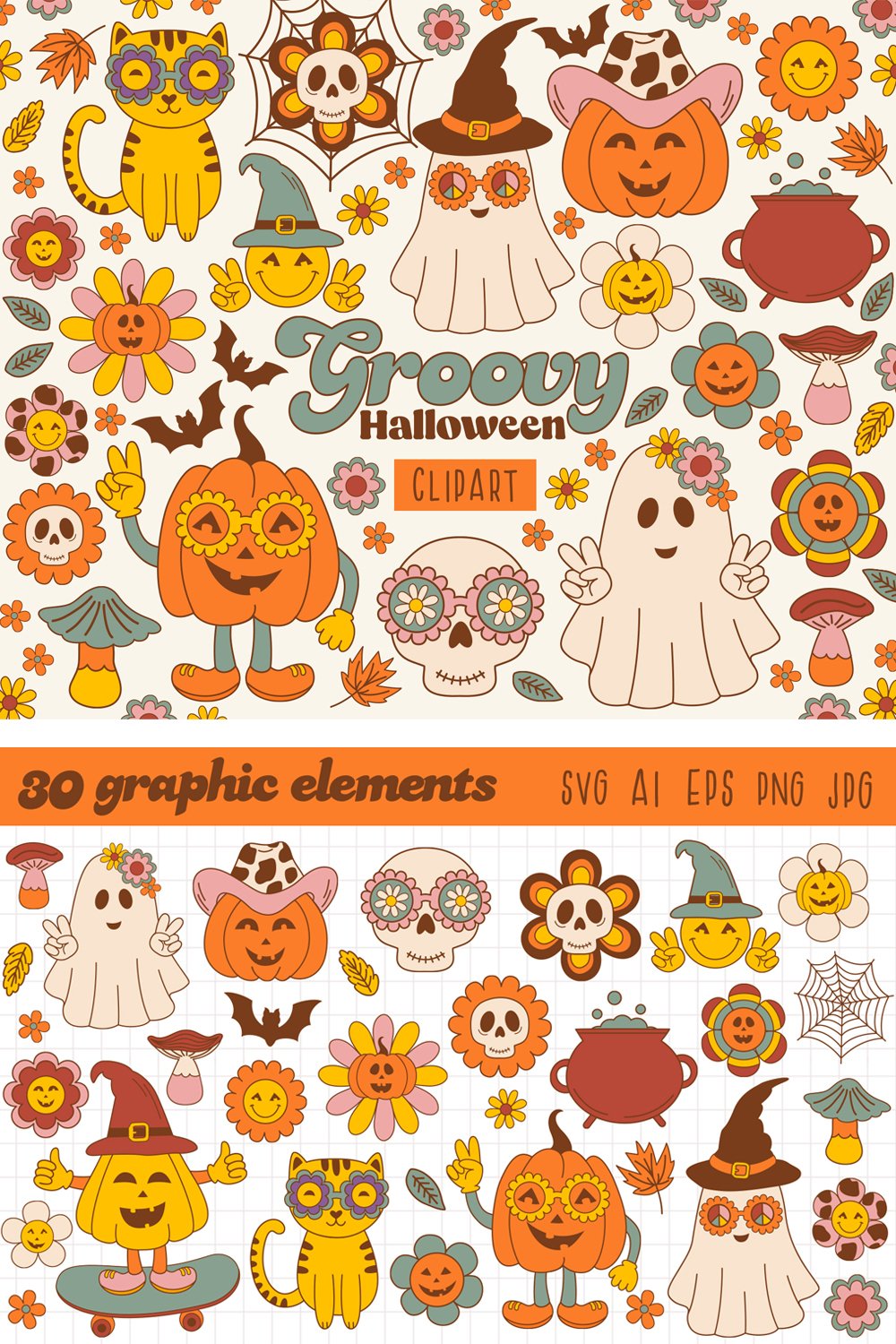 Groovy retro Halloween, Halloween SVG, Fall Clipart, Pumpkin