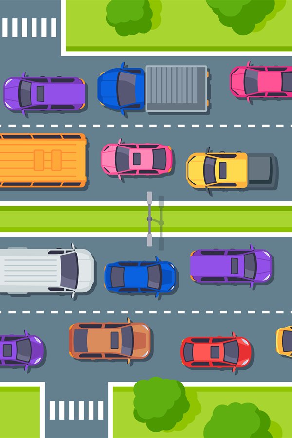 Traffic jam. Highway top view, trucks cars on road and car t