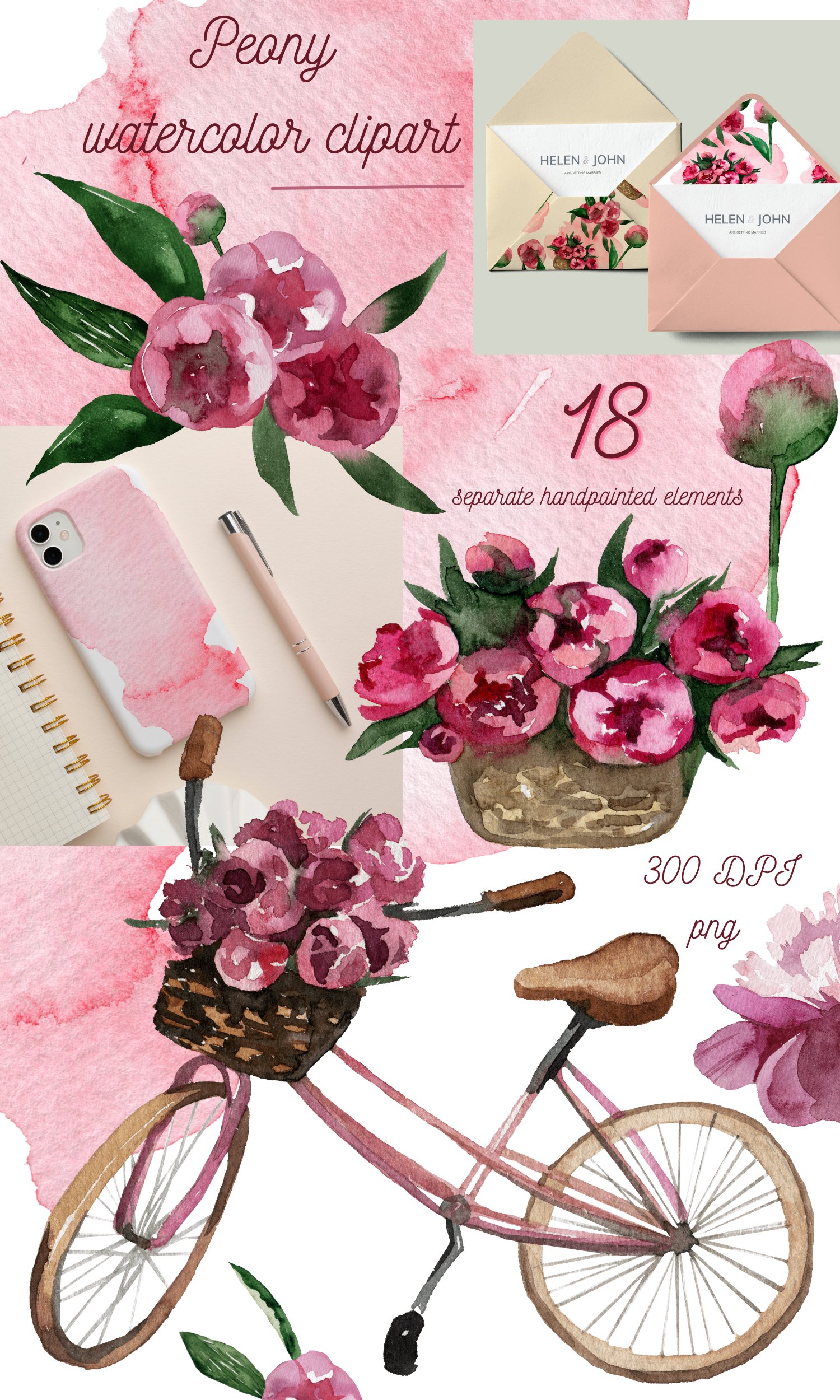 Pink peony watercolor clipart, handpainted, floral (1918028)
