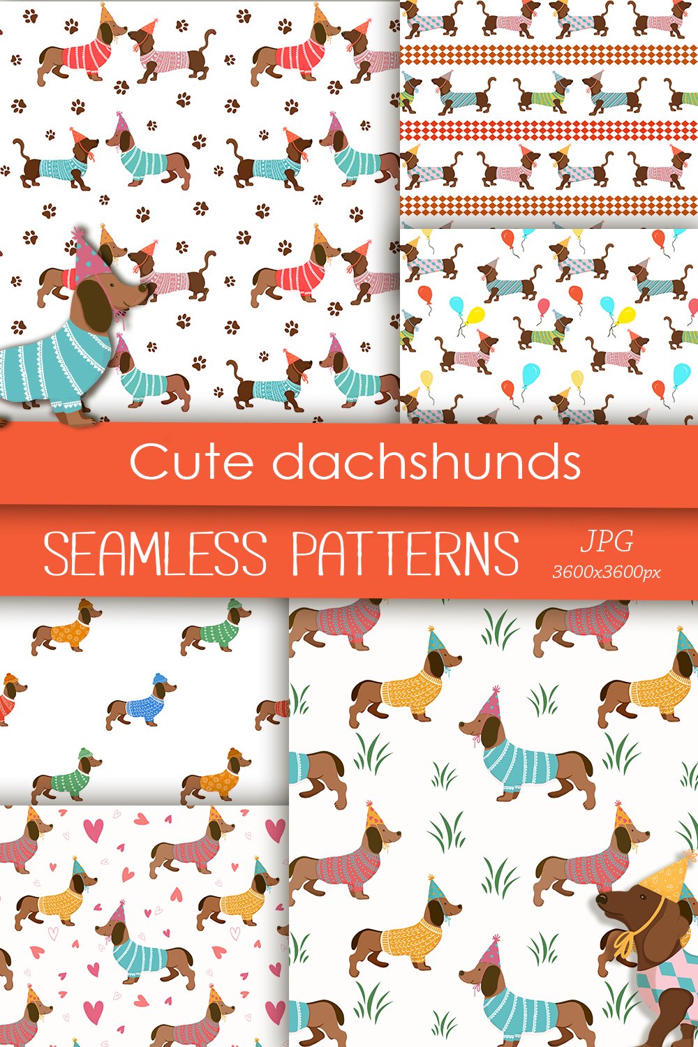 Seamless patterns with cute dachshunds