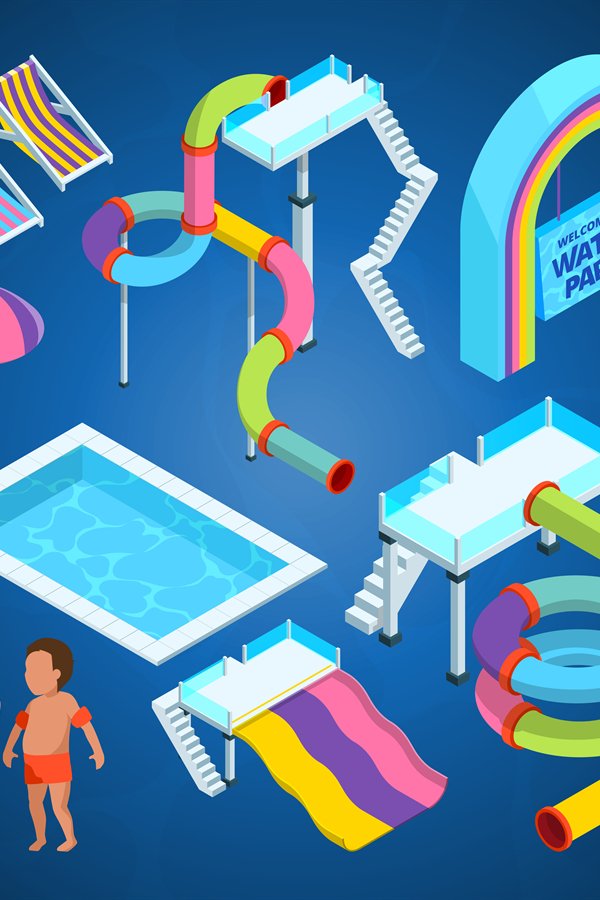 Isometric pictures of water park. Various attractions at swi