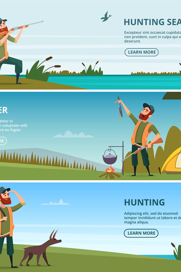 Hunters on hunt banners. Cartoon illustrations of hunting