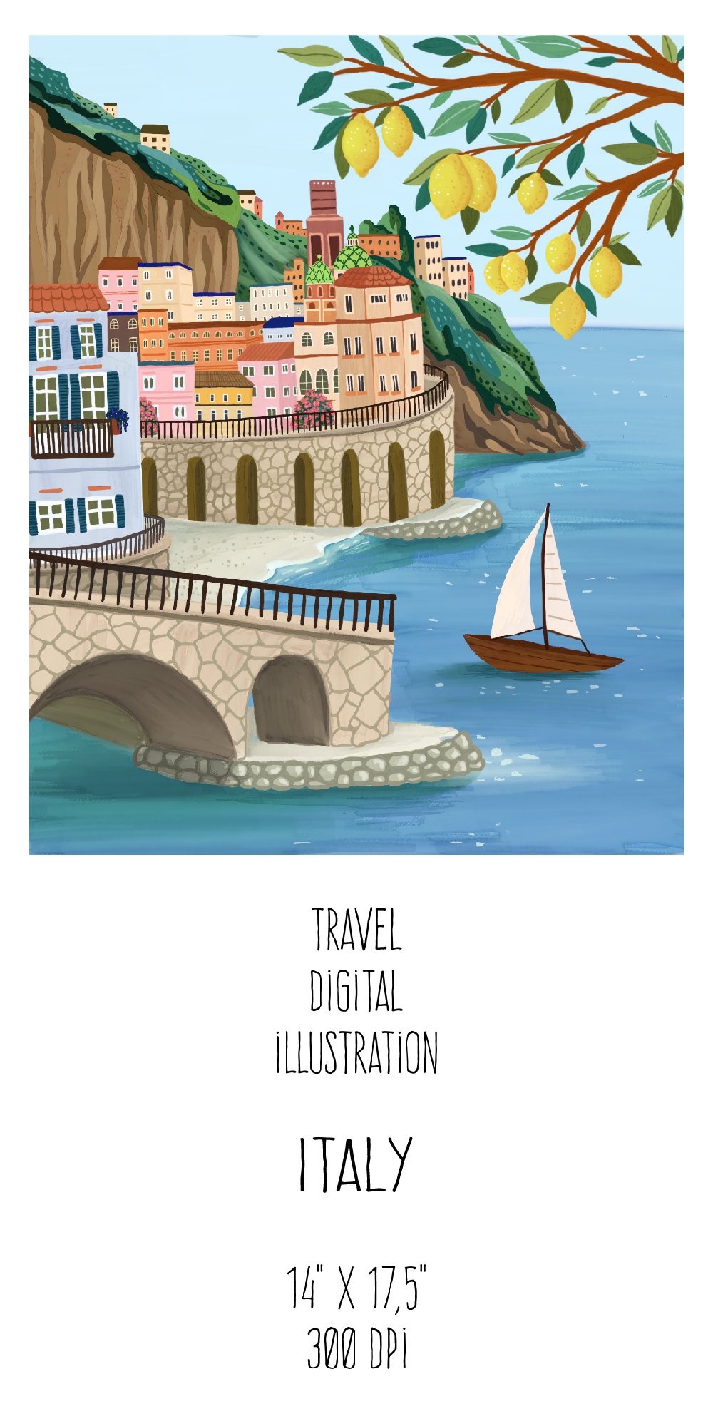 Travel digital illustration, Italy beach, stylized