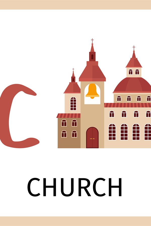 Alphabet card with church building