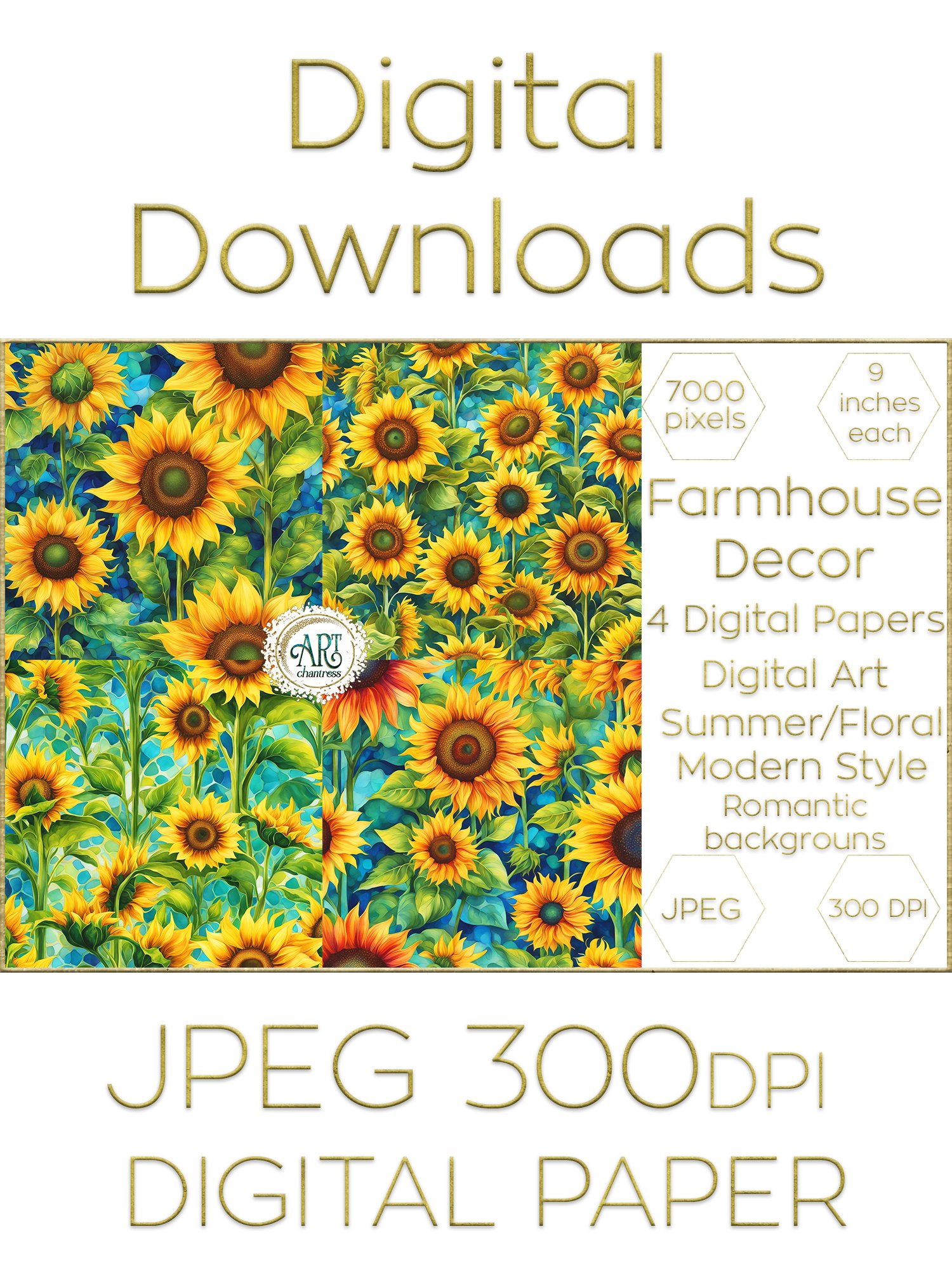 Watercolor Vintage Sunflower Digital Paper (3550925)