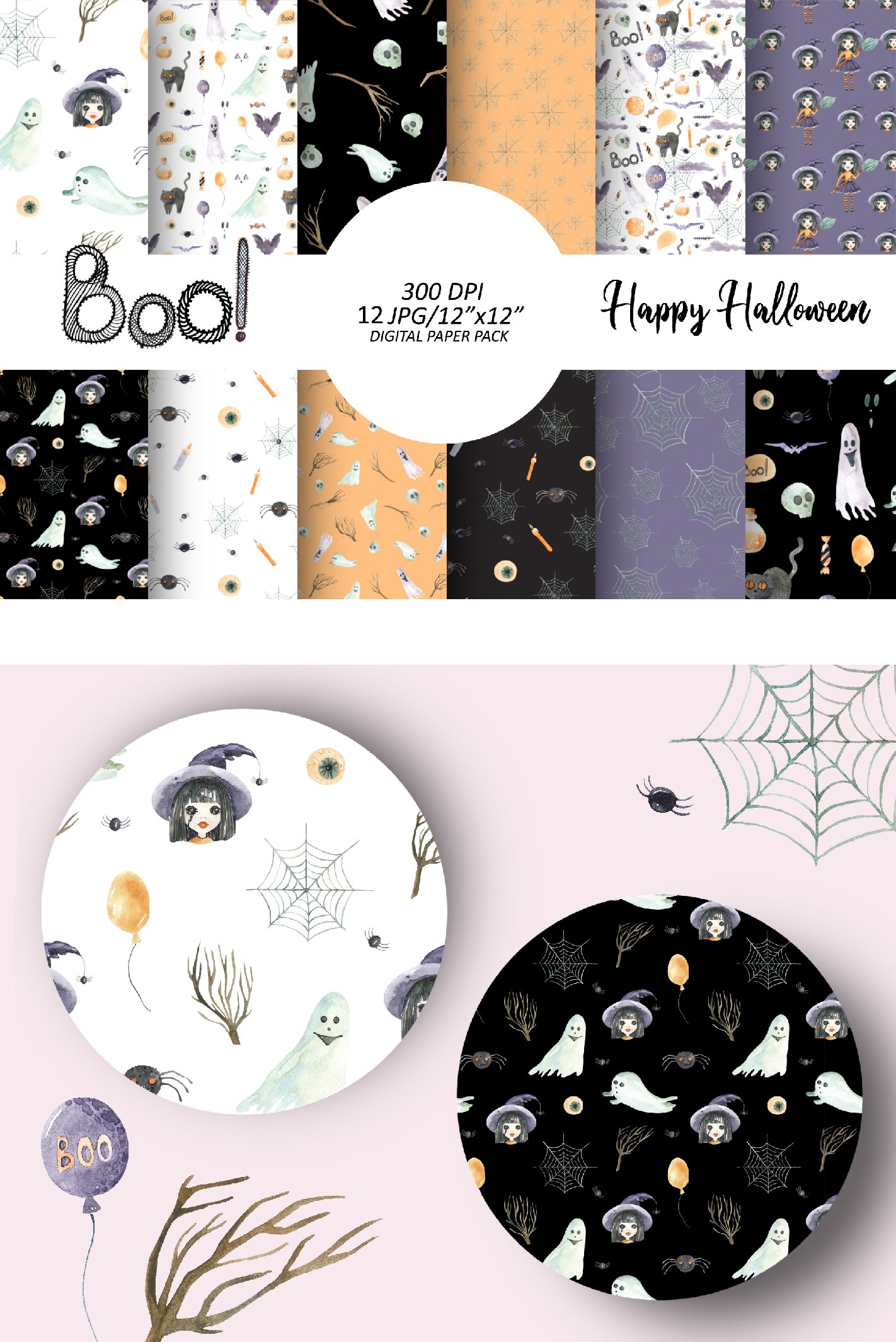 A set of digital scrapbooking paper with Halloween prints.
