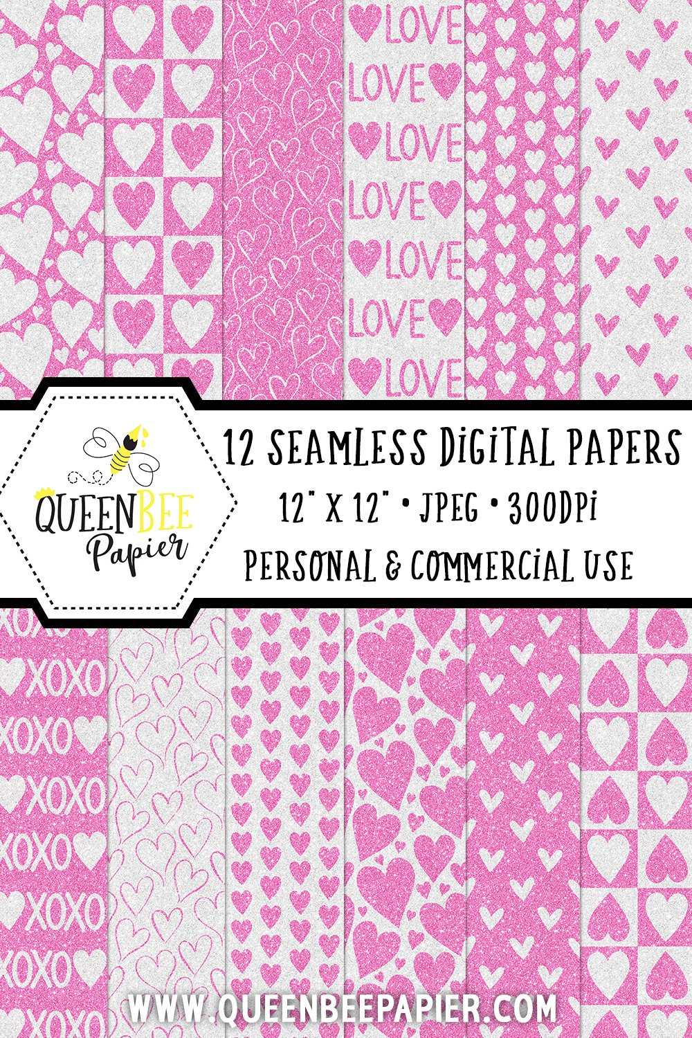 Black & White Glitter Heart Digital Paper Pack