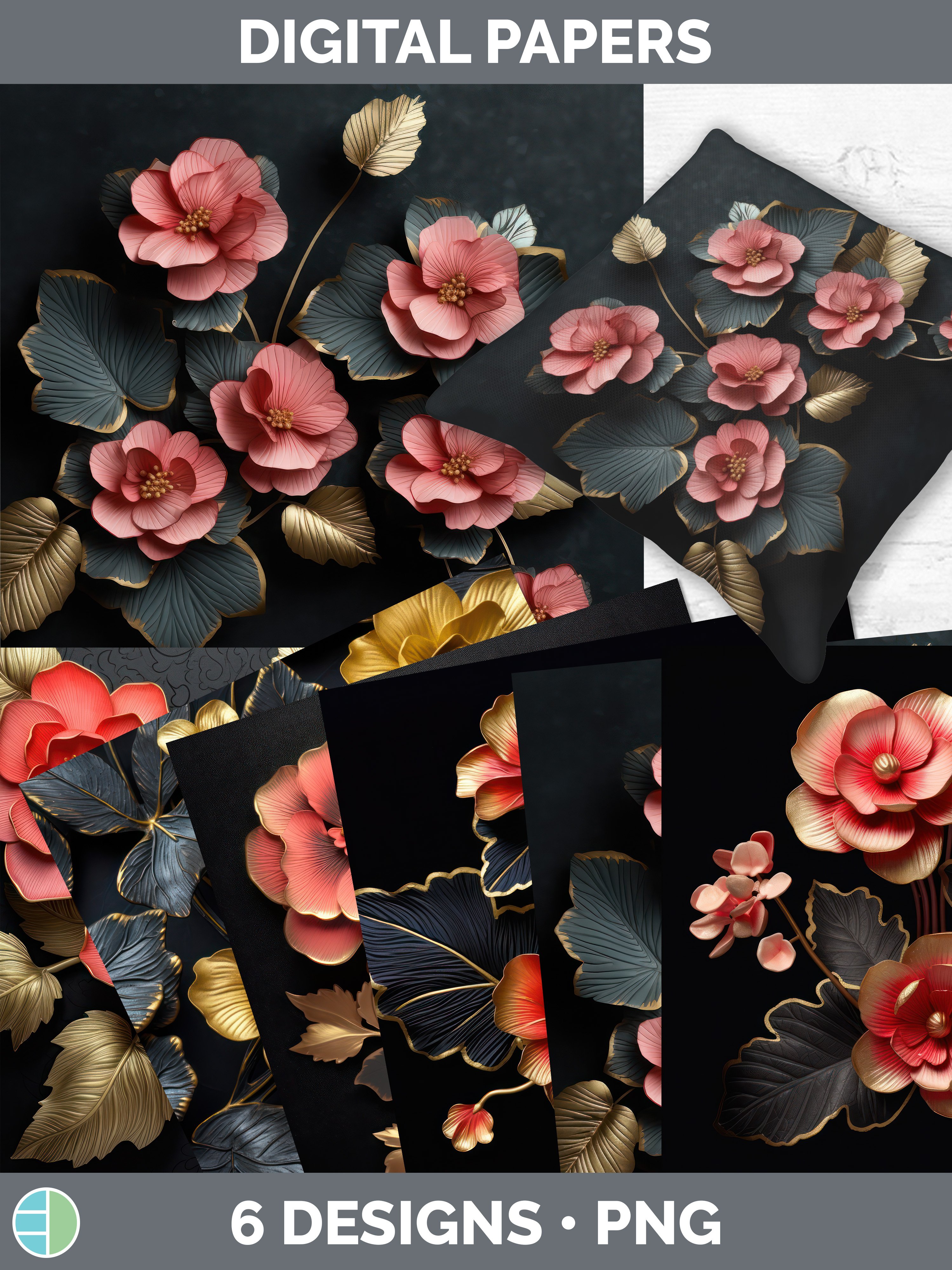 3D Gold Begonia Flowers Paper Backgrounds | Digital Scrapboo