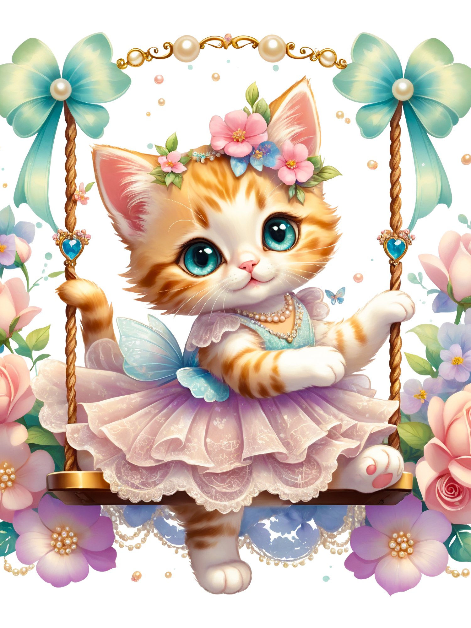 Watercolor Drawing Cute Kitten on swing, Clipart, Png