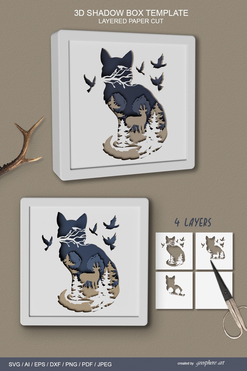 3D Cat Shadow box. Layered papercut SVG / DXF / EPS / AI