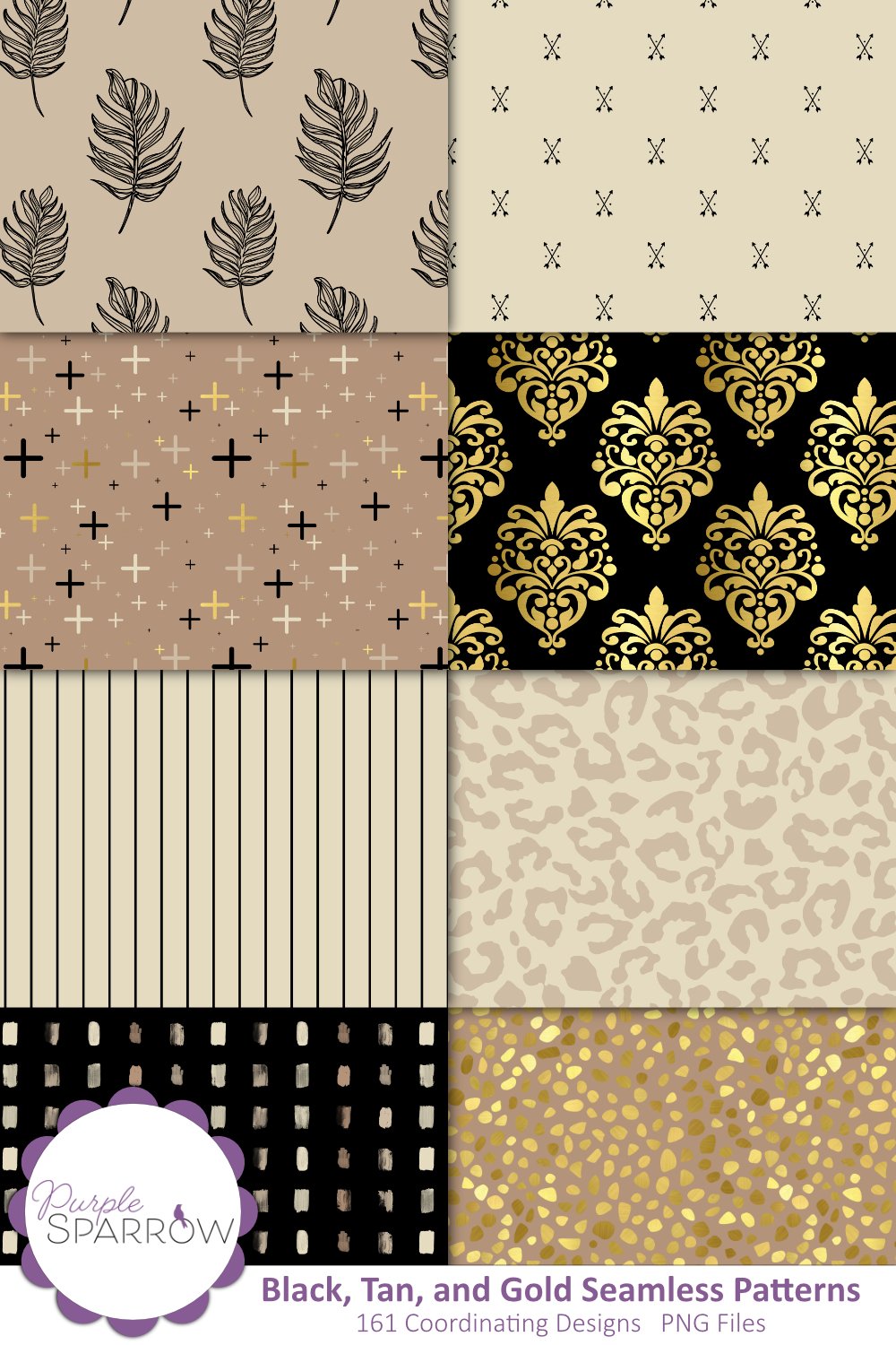 Black, Tan, and Gold Seamless Patterns | 150 PNG Files