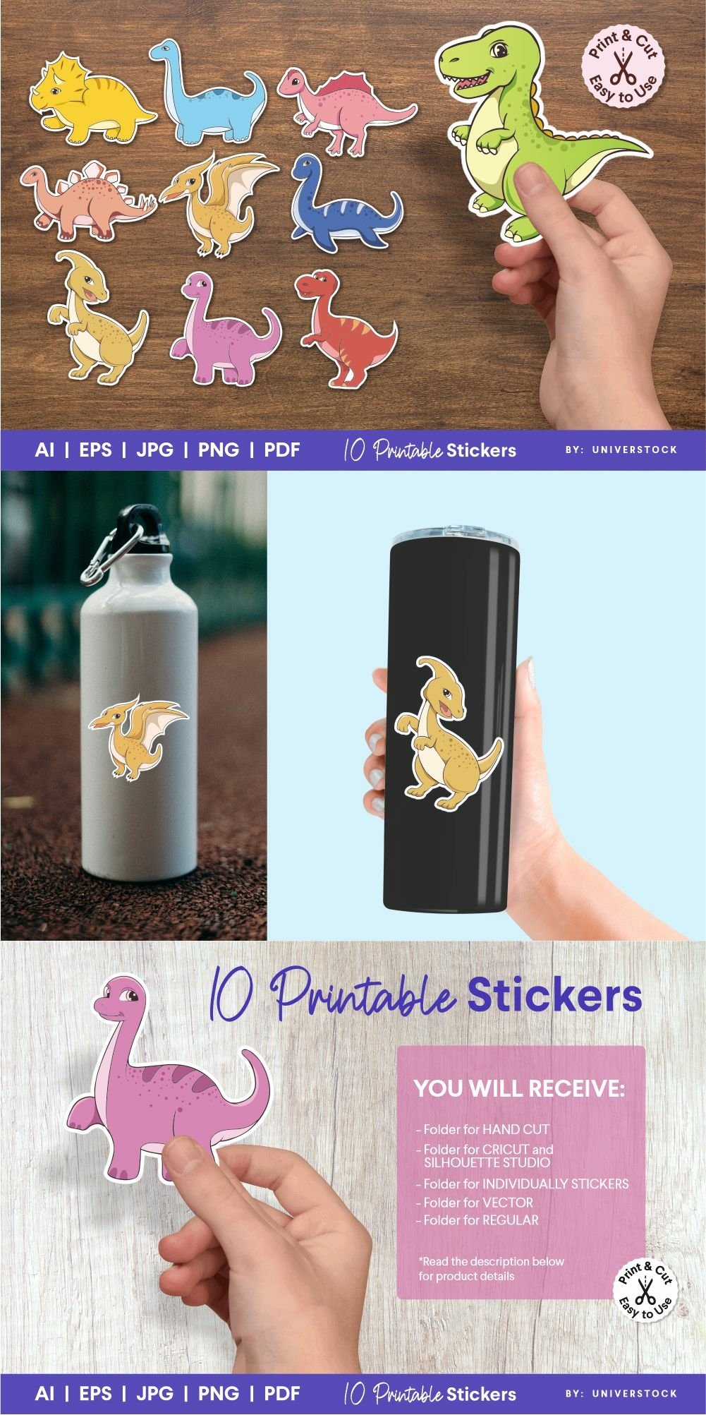 Dinosaur Stickers, printable stickers designs for Cricut