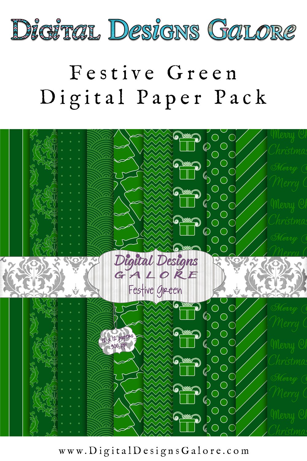 Festive Green Digital Paper Pack | 10 Digital Craft Papers
