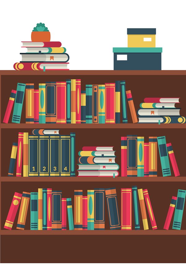 Library book shelves room. Book stacks in wooden furniture.