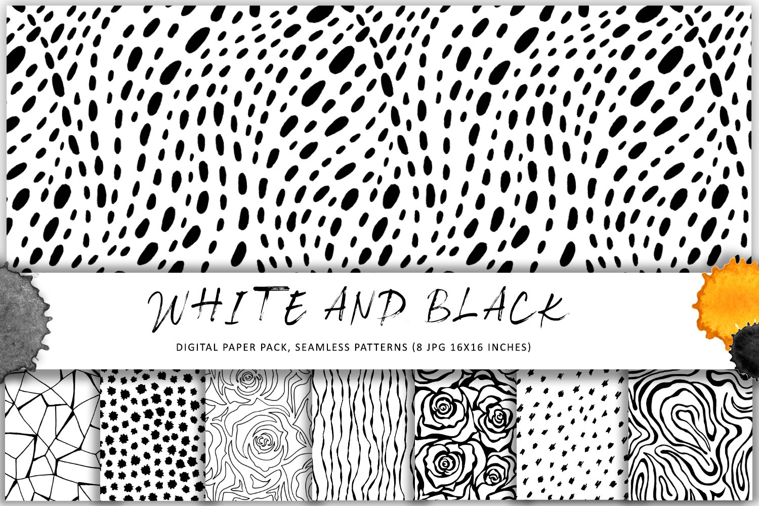 Abstract black white seamless patterns, digital paper