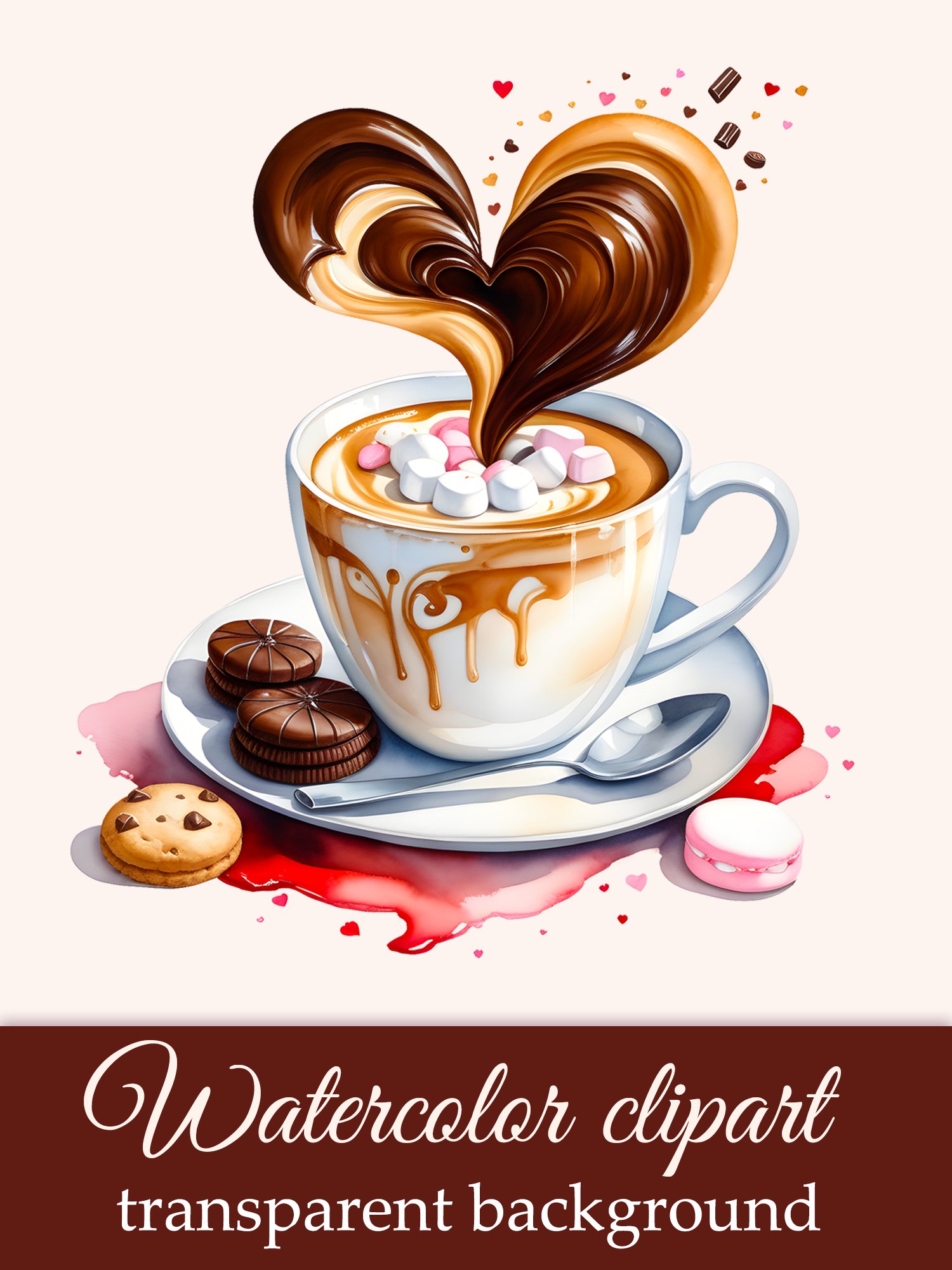 Watercolor coffee cup with hearts and chocolate, clipart Png