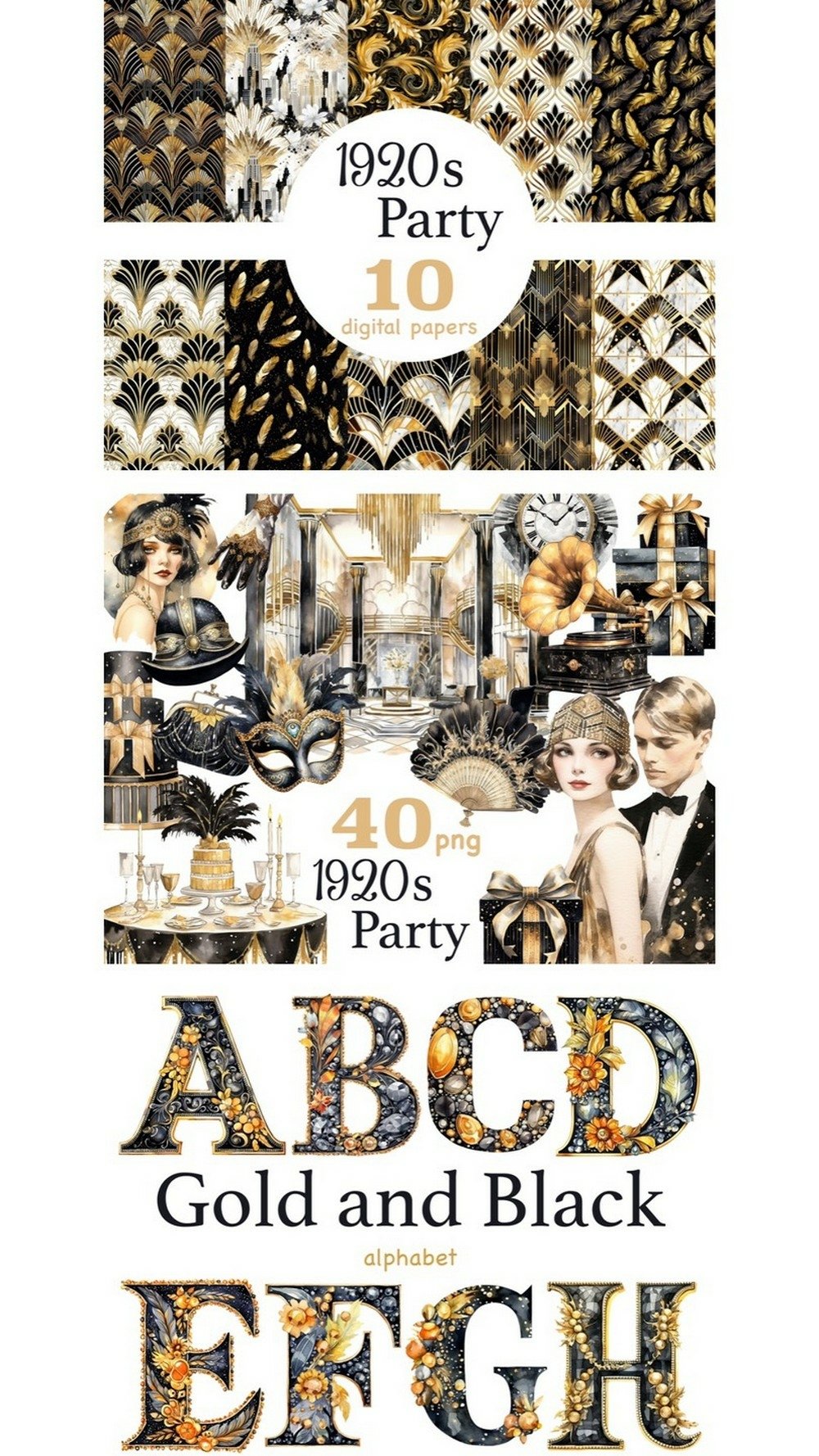 1920s Party White Clipart | Retro Wedding Invitation Clipart