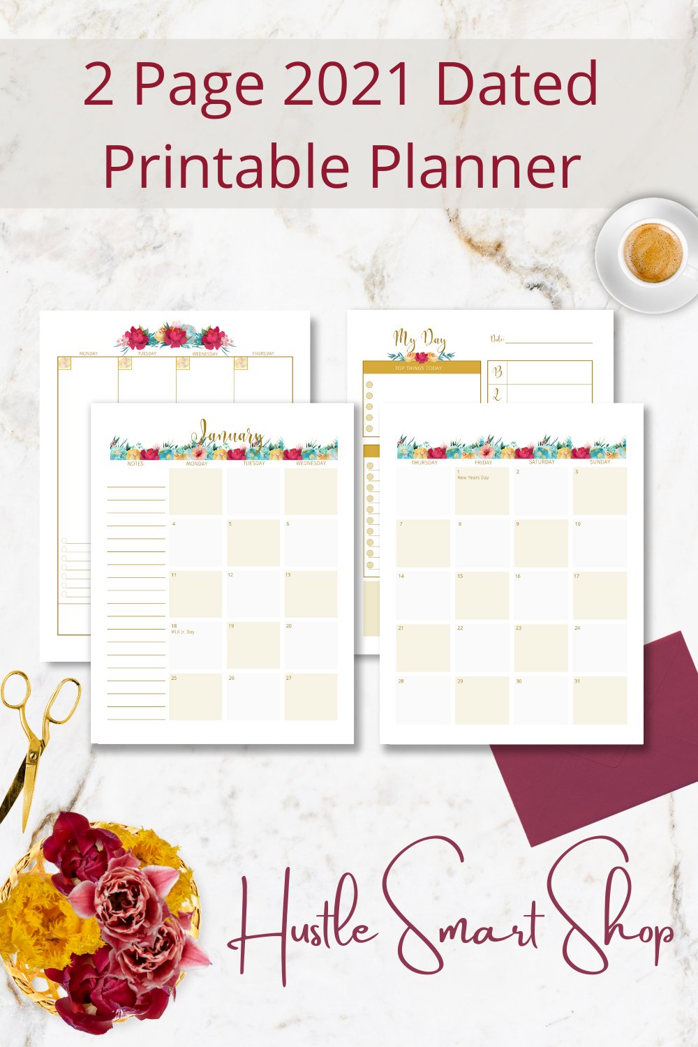 2021 Floral Dated Printable Planner 2 Page Layout