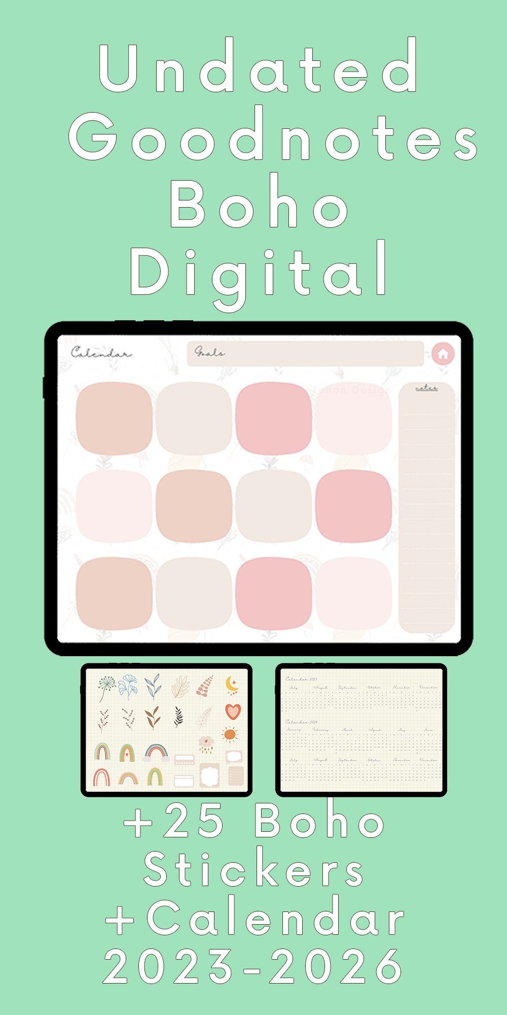 Boho Undated Goodnotes Digital Planner 2023-2026 and sticker