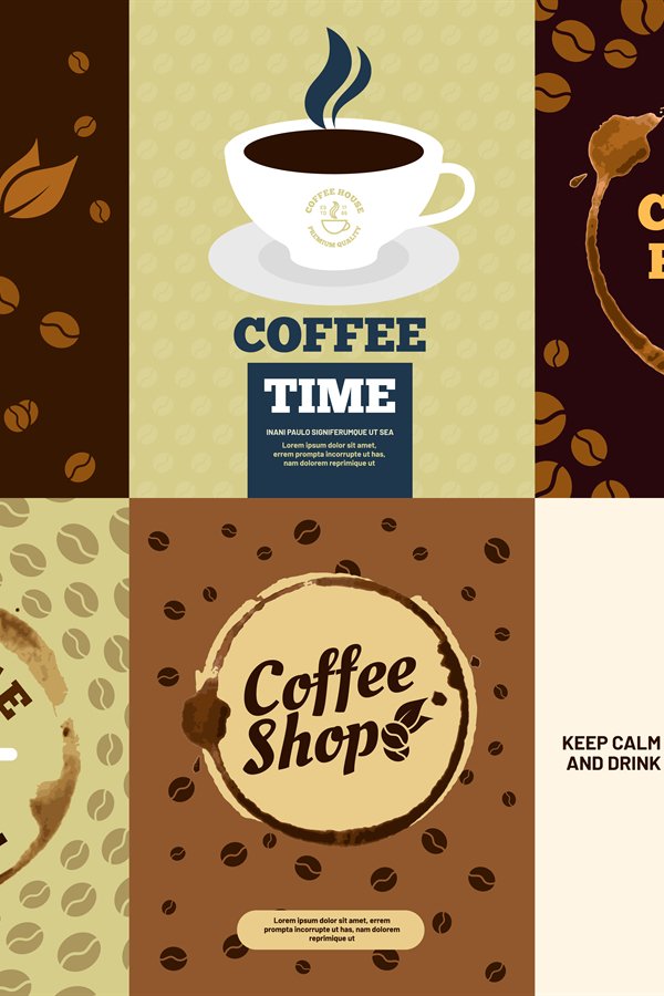 Coffee posters. Cafe stain poster or spill splash coffee sta