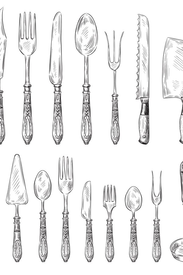 Hand drawn cutlery set. Vintage fork, food spoon and sketch