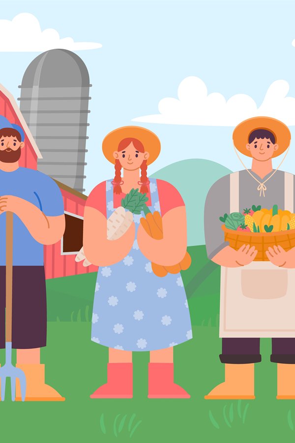 Farmers team. Cartoon agricultural man and woman with fresh