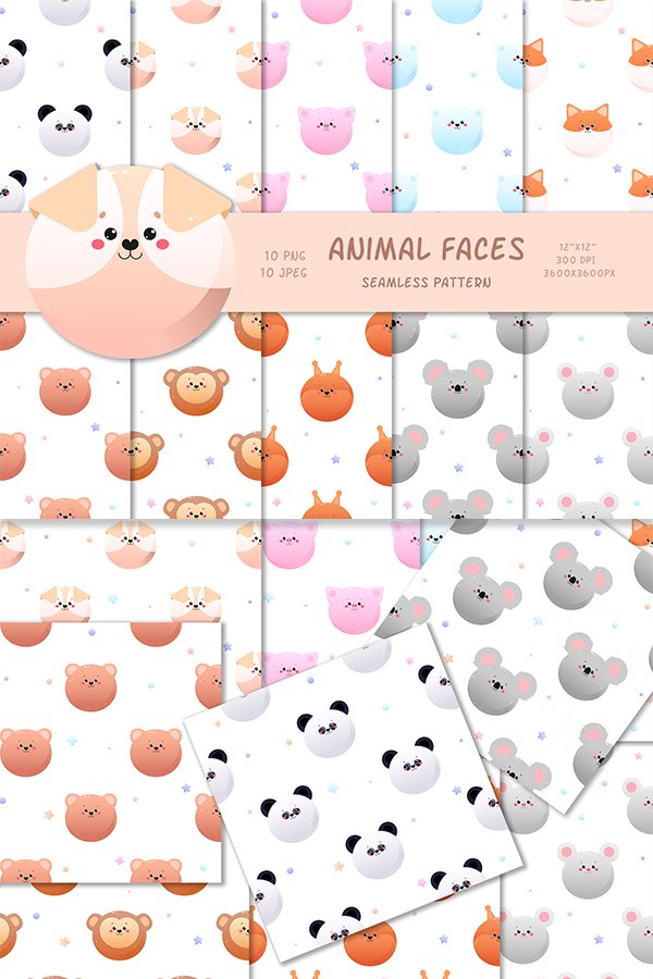 Animal digital paper, Baby Animal faces, Seamless pattern