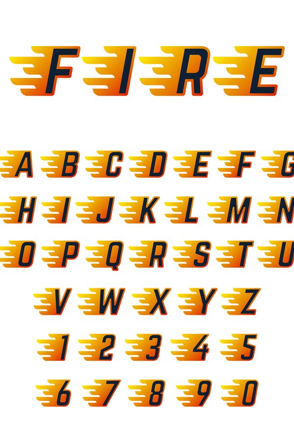 Burning running letters with flame. Hot fire vector font alp