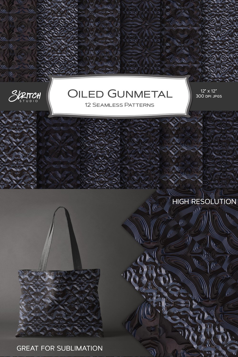 Oiled Gunmetal Goth Seamless Pattern Set