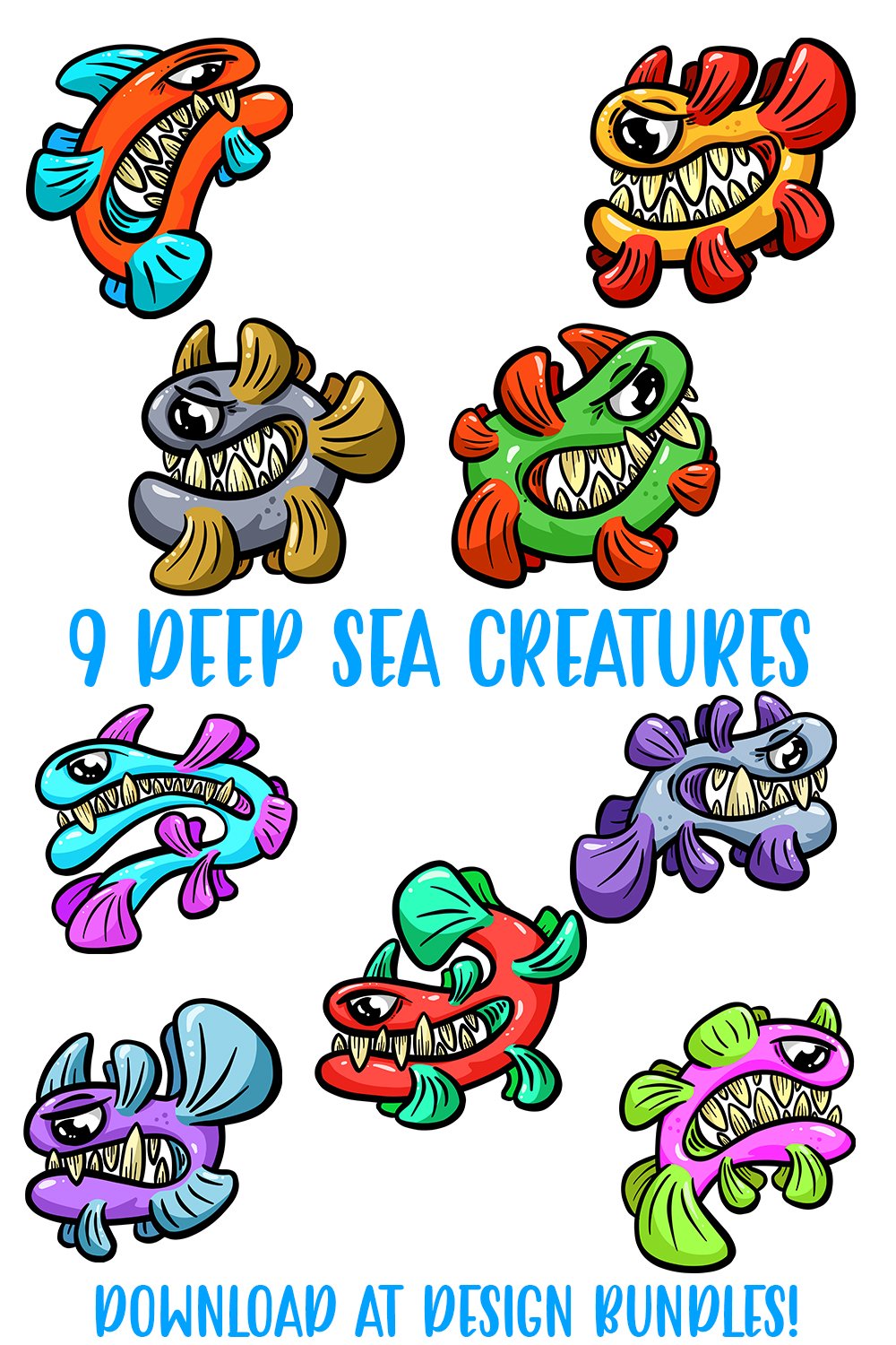 9 Deep Sea Fish Creatures Sticker Cartoon Illustrations SVG
