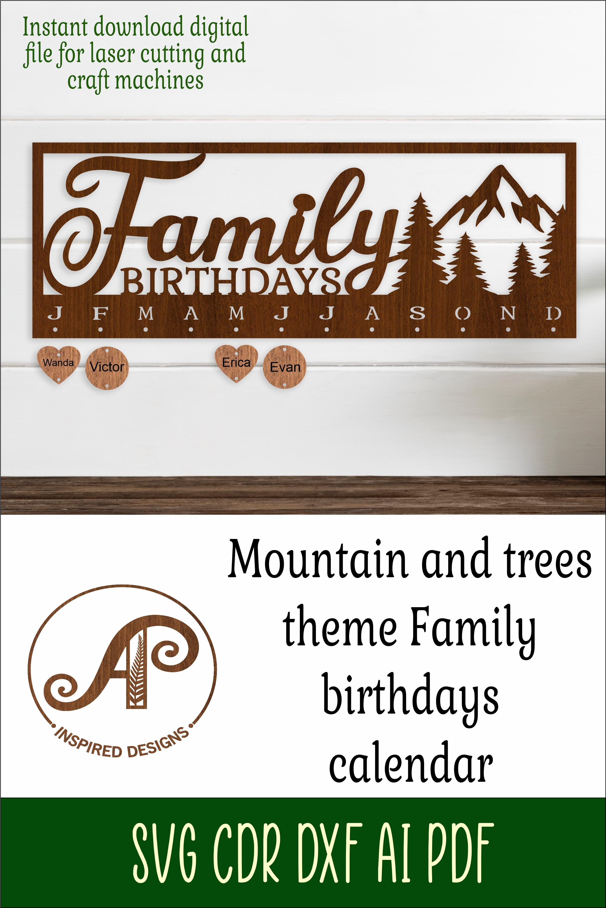 Family celebrations mountains Calendar SVG laser cut file