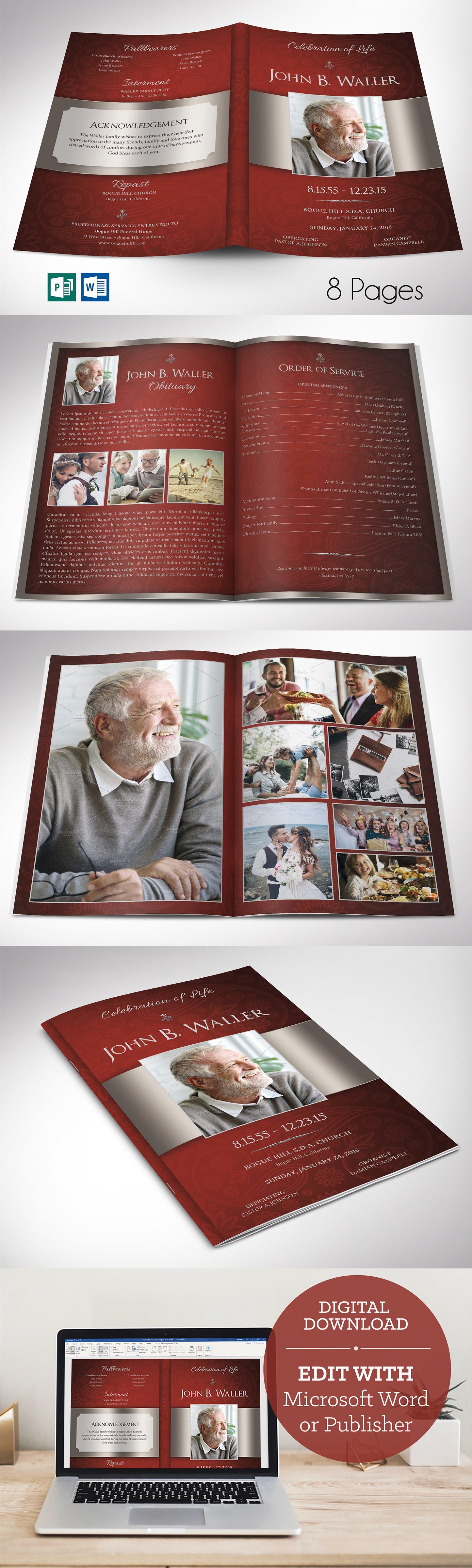 Burgundy Silver Funeral Program Word Publisher Template