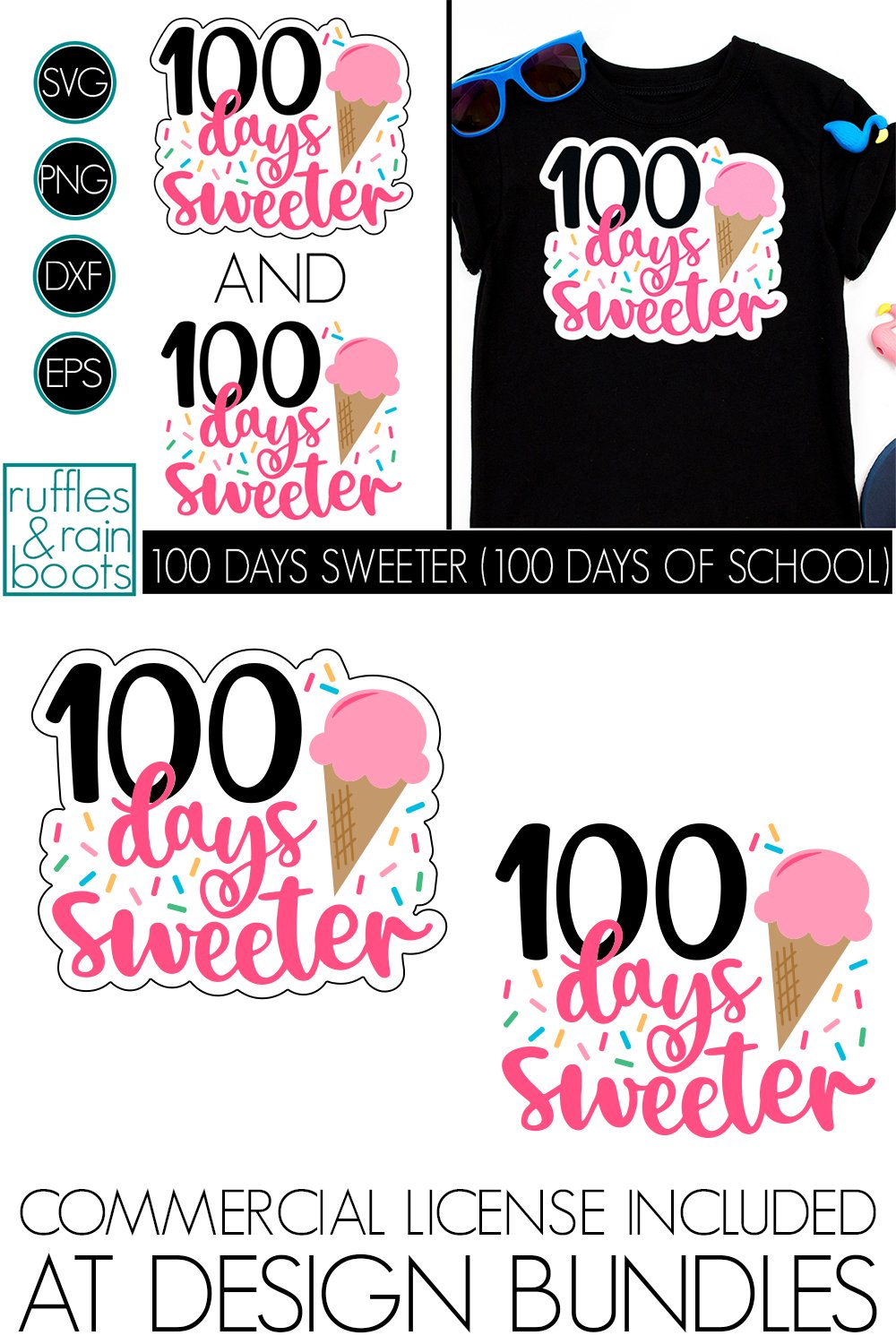 100 Days Sweeter SVG - Fun Ice Cream School Design for Kids