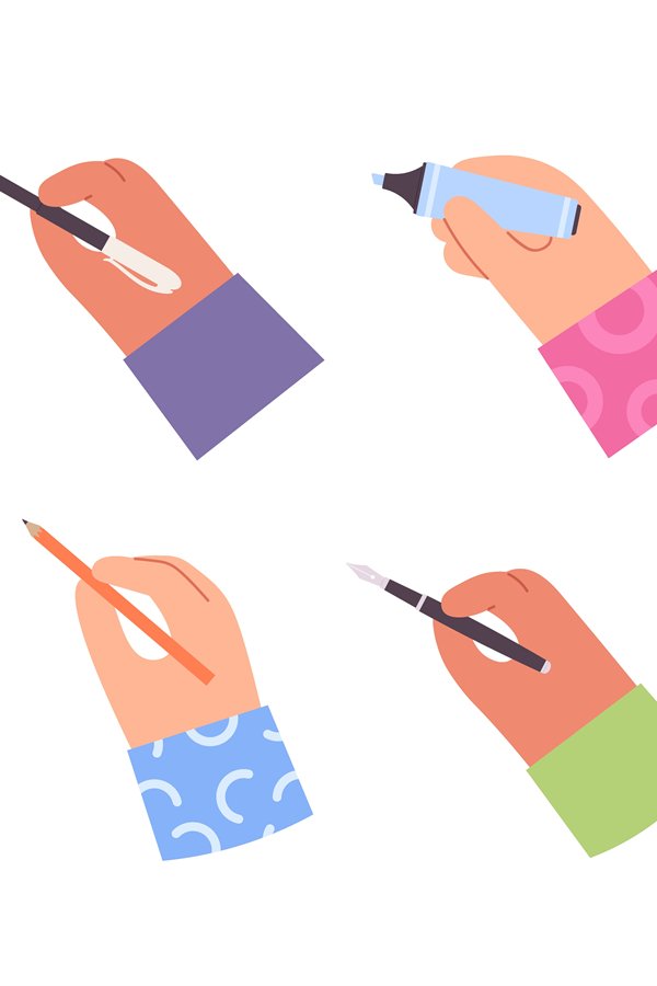 Cartoon hand holding pen, pencil, brush, marker and highligh