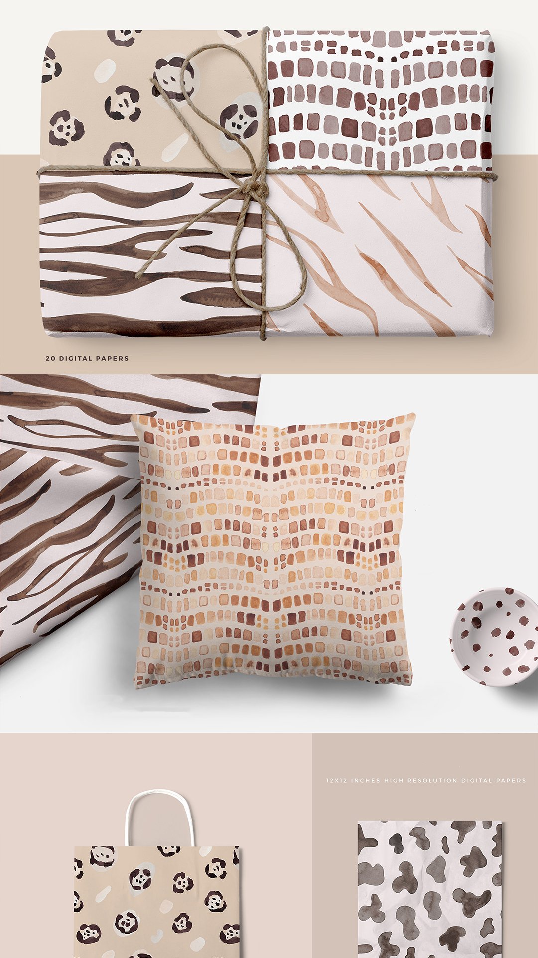 Watercolor Animal Print Digital Papers, Paper Printables