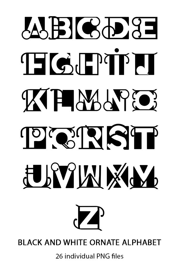 BLACK AND WHITE ALPHABET. ART DECO ORNATE ENGLISH LETTERS