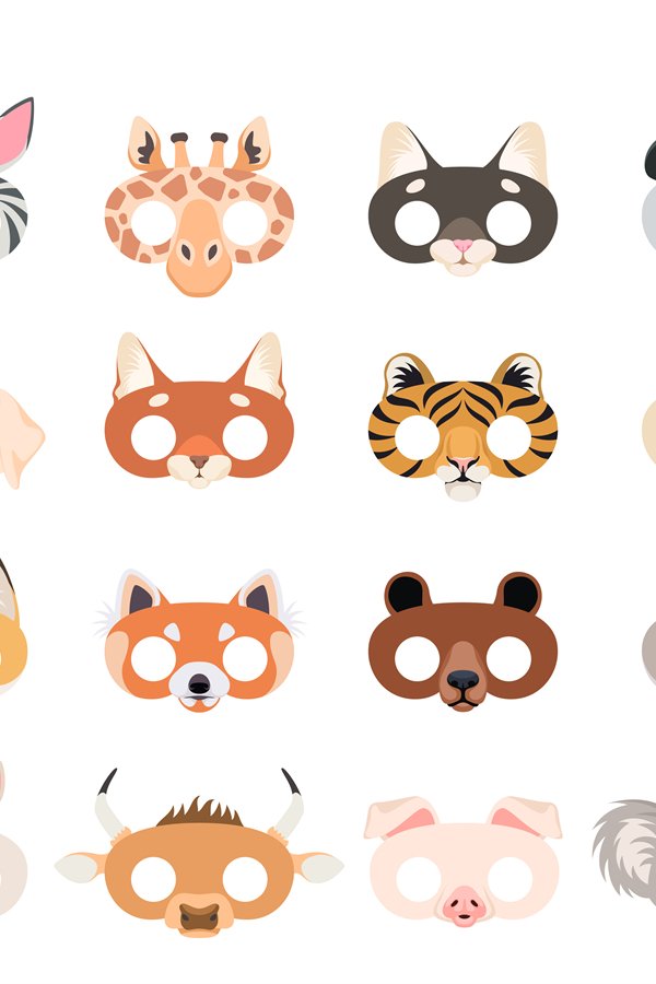 Animal mask set. Photo booth props of beasts face masks, wil