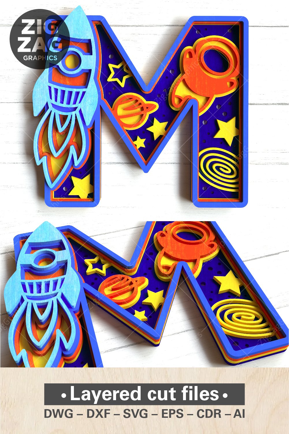 layered kids letter M with space rocket astronaut and stars