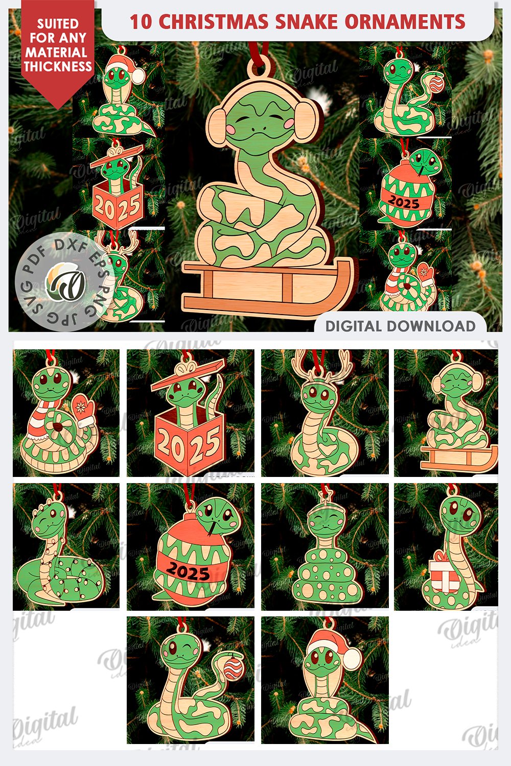 Christmas Snakes Laser Cut Bundle. Christmas Ornaments SVG