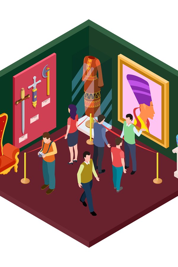 Museum exhibition hall with art objects isometric vector ill