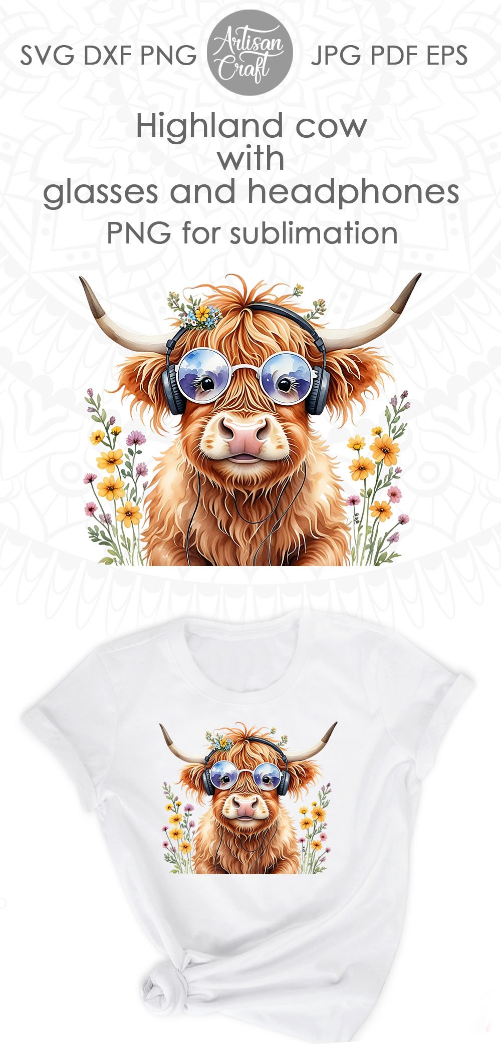 Highland cow with sunglasses, flowers and headphones