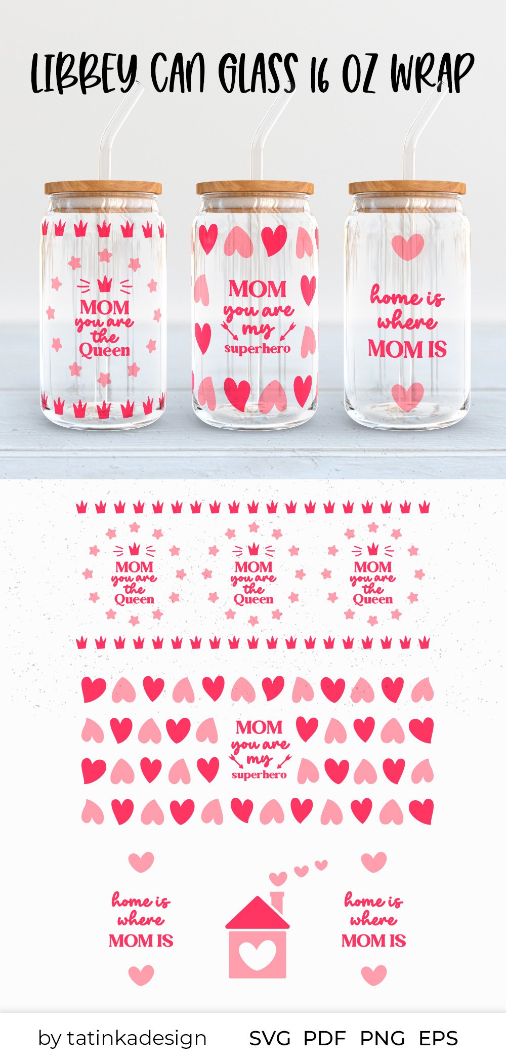 16 oz glass can with Mother's day quotes and hearts