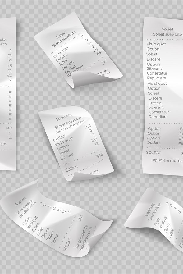 Realistic receipt. Restaurant bill, shop and supermarket pap
