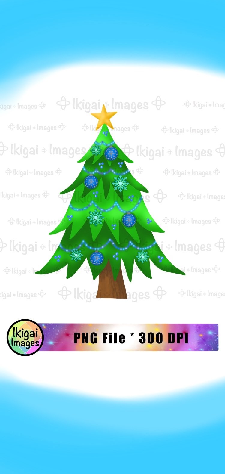 Blue Christmas Tree with Ornaments Snowflakes Sublimation