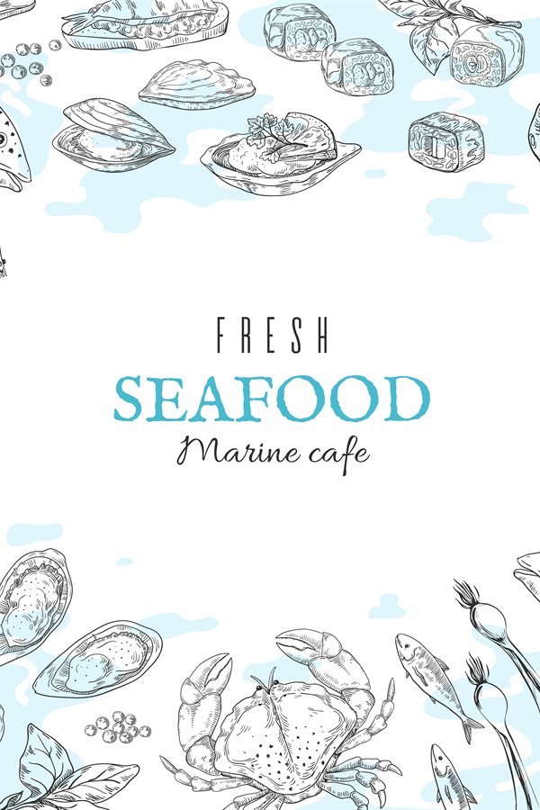 Hand drawn seafood background. Fish restaurant poster, gourm