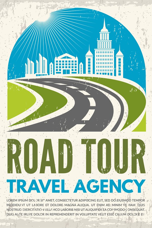 Retro poster with illustration of highway and urban landscap