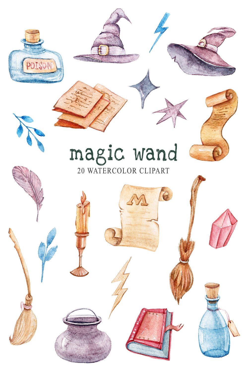 Watercolor wizard school clipart - 20 png files