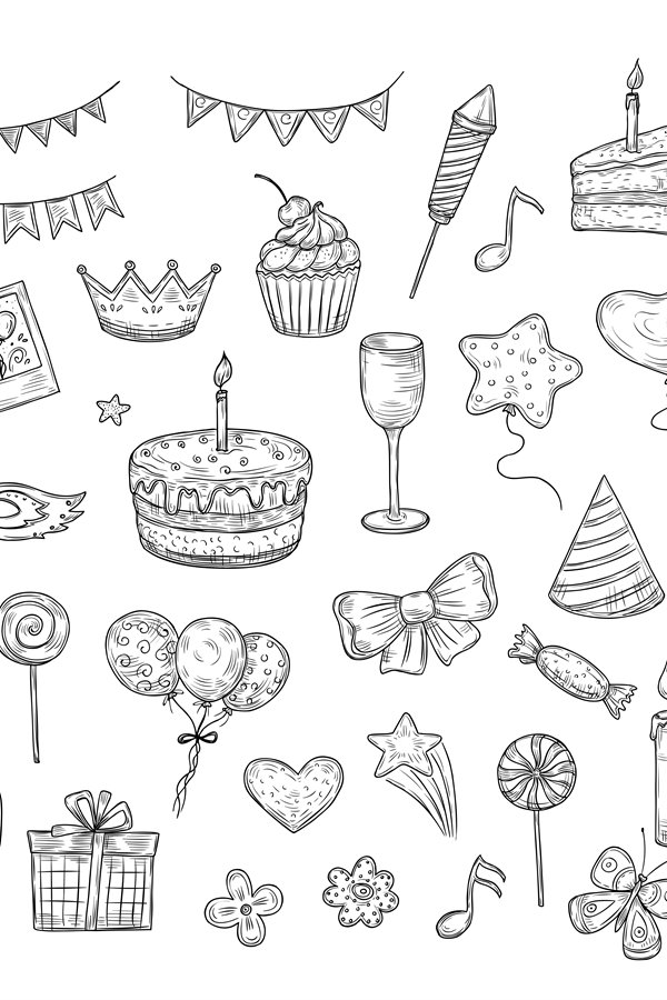 Birthday sketch. Happy birthday celebration party hand drawn